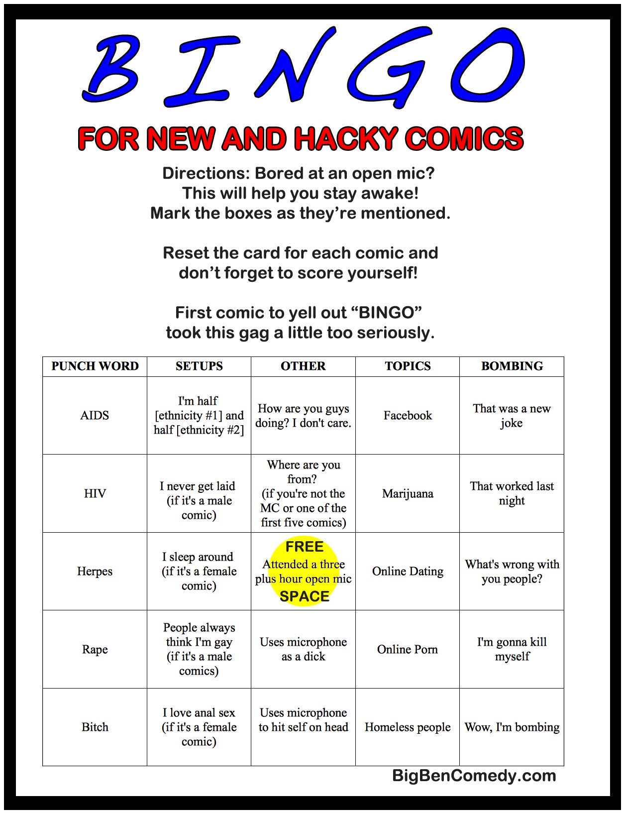 BINGO For New And Hacky Comics Ben Rosenfeld